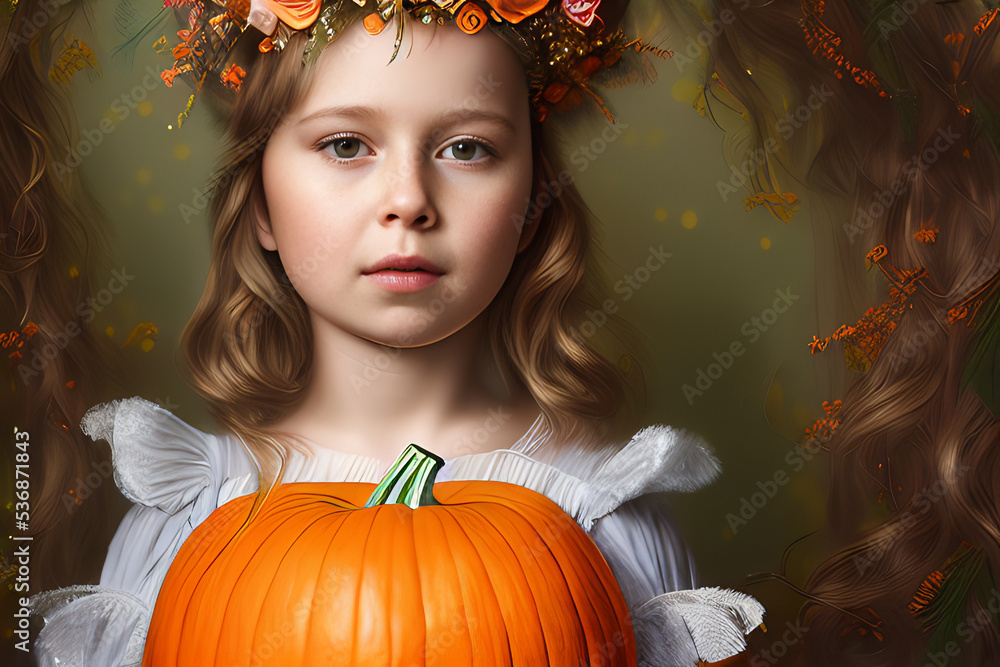 Surreal beautiful girl in autumn scenery, flower tiara on her head ...