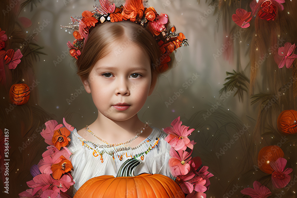 Surreal beautiful girl in autumn scenery, flower tiara on her head ...
