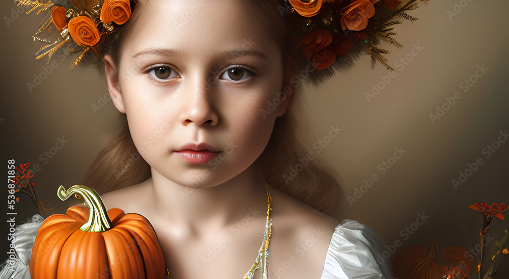 Surreal beautiful girl in autumn scenery, flower tiara on her head ...