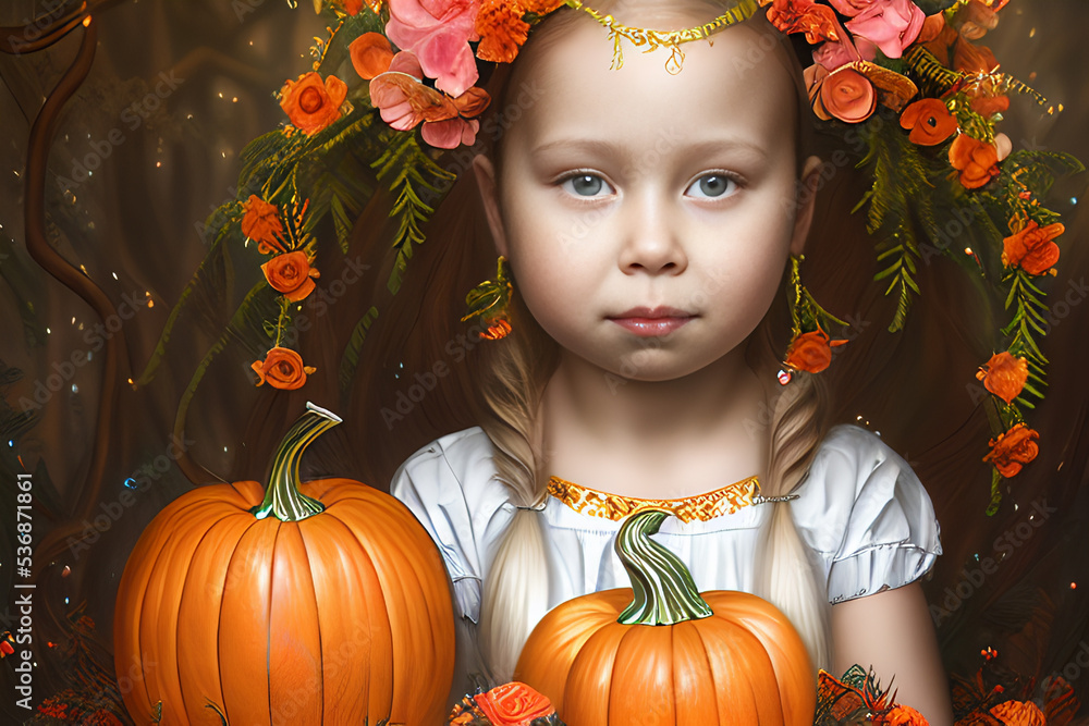 Surreal beautiful girl in autumn scenery, flower tiara on her head ...