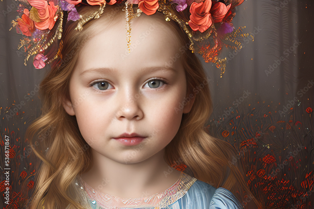 Surreal beautiful girl in autumn scenery, flower tiara on her head ...