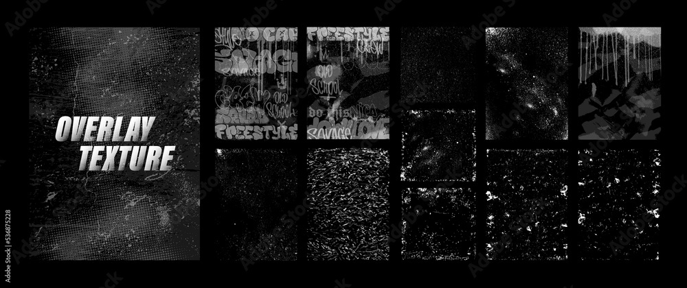 Street art and grunge overlay texture stamps. Graffiti, spray, dust ...