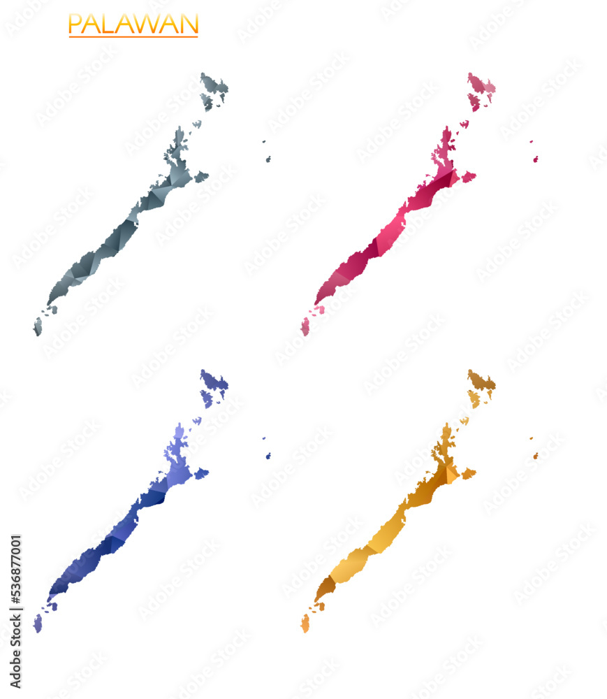 Set of vector polygonal maps of Palawan. Bright gradient map of island ...