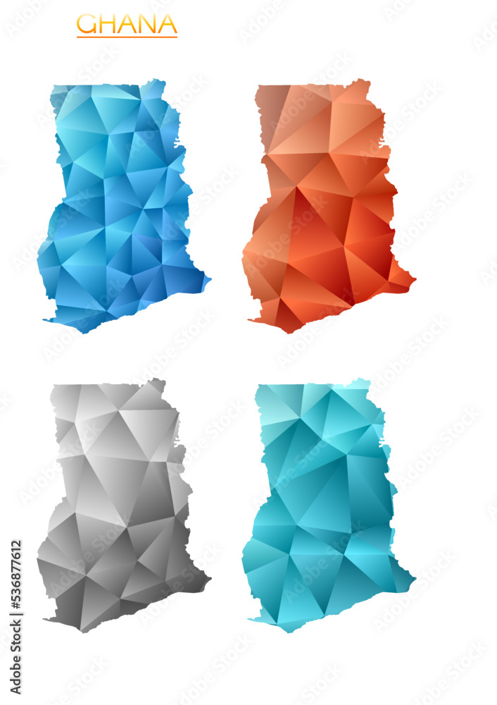 Set of vector polygonal maps of Ghana. Bright gradient map of country ...