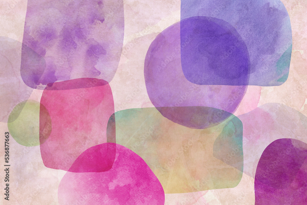 Abstract watercolor painting of circle and square blobs and blotches in ...