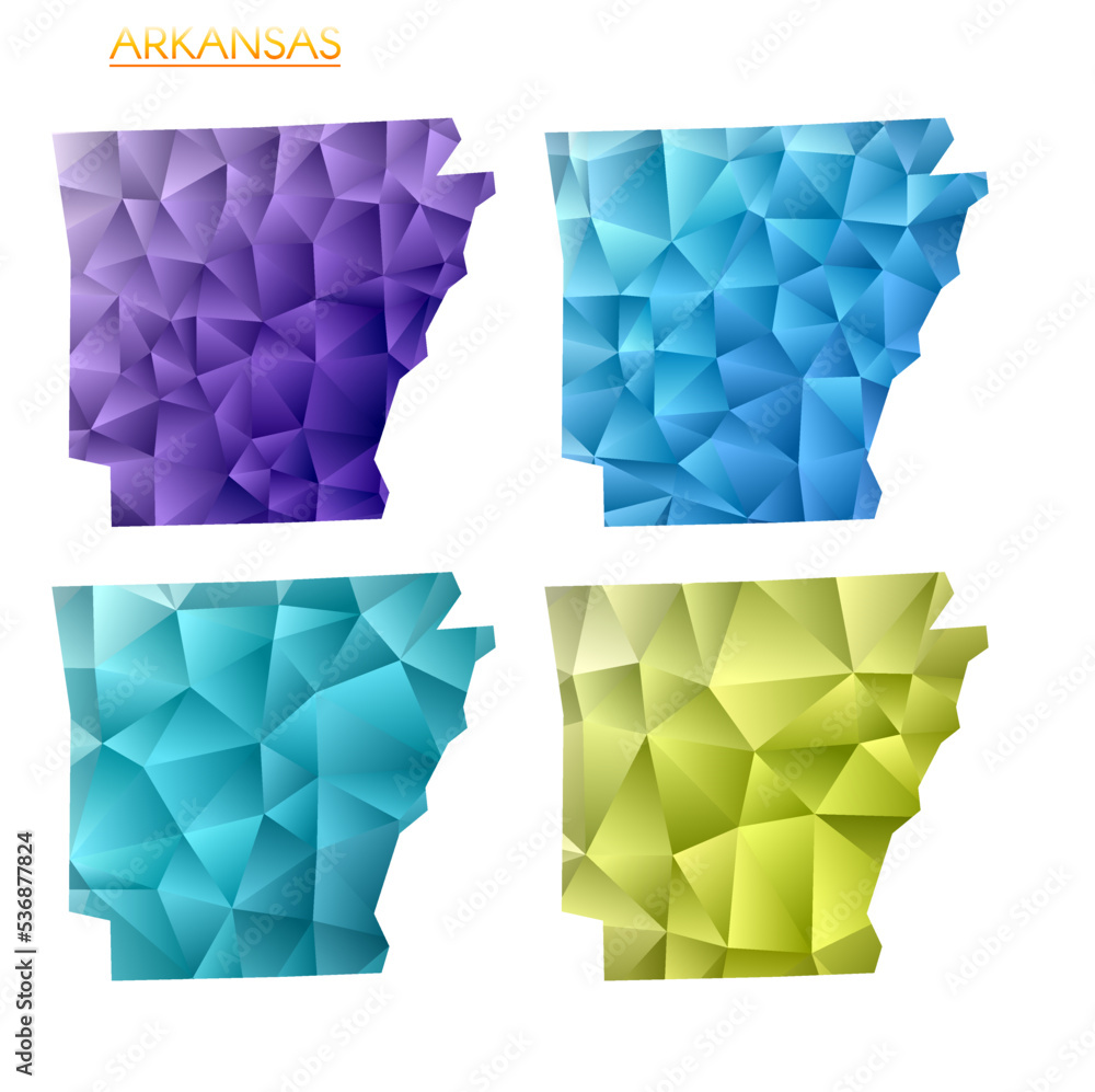 Set of vector polygonal maps of Arkansas. Bright gradient map of us ...