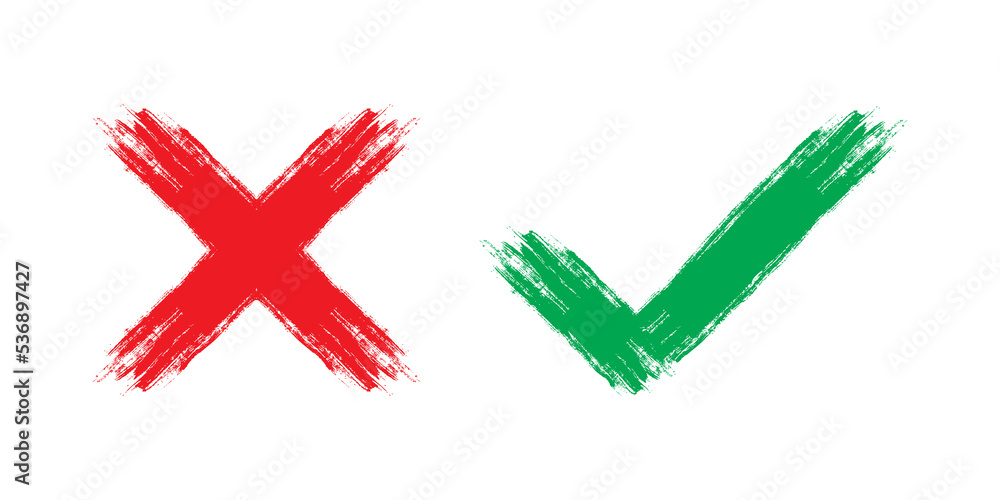 Two dirty grunge hand drawn with brush strokes cross x and check mark ...