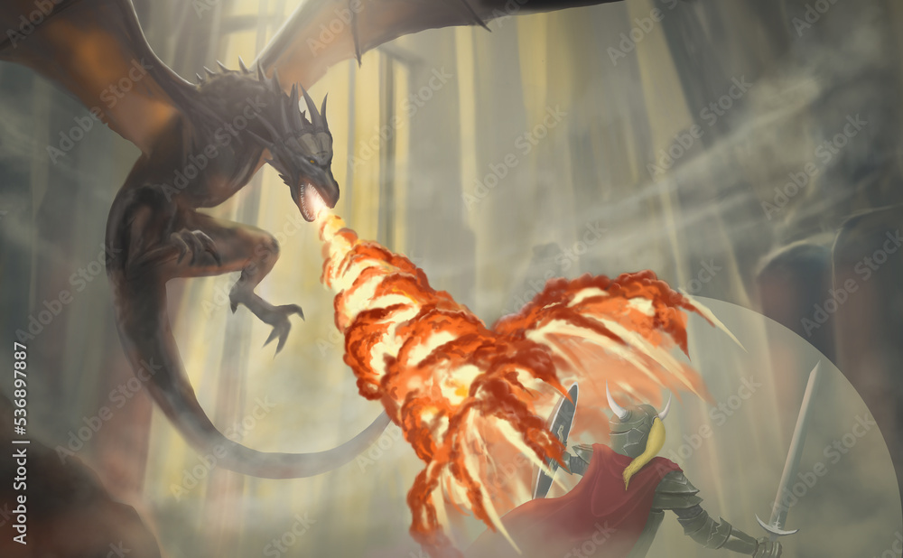 Knight use magic shield protect from fire the dragon and knight ...