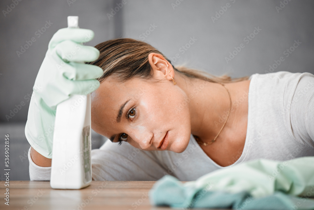Spring cleaning house, tired and sad woman in home living room with ...