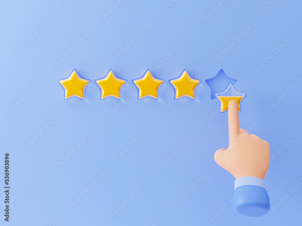 Customer feedback background with five gold rating stars and hand click ...