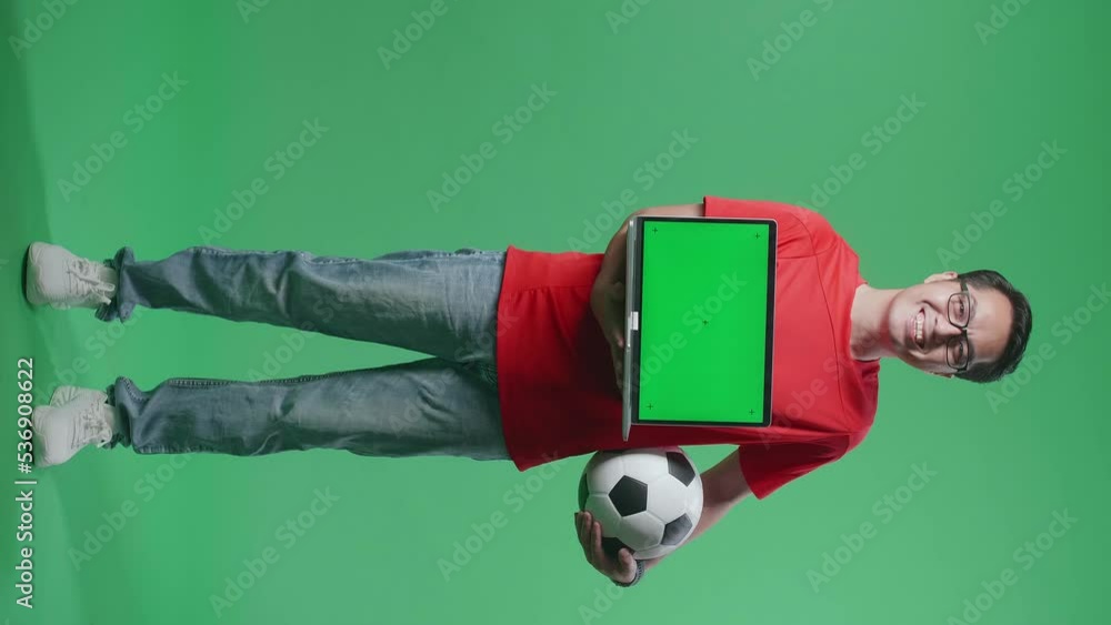 Full Body Of Asian Man With A Ball Showing Mock Up Green Screen Laptop ...