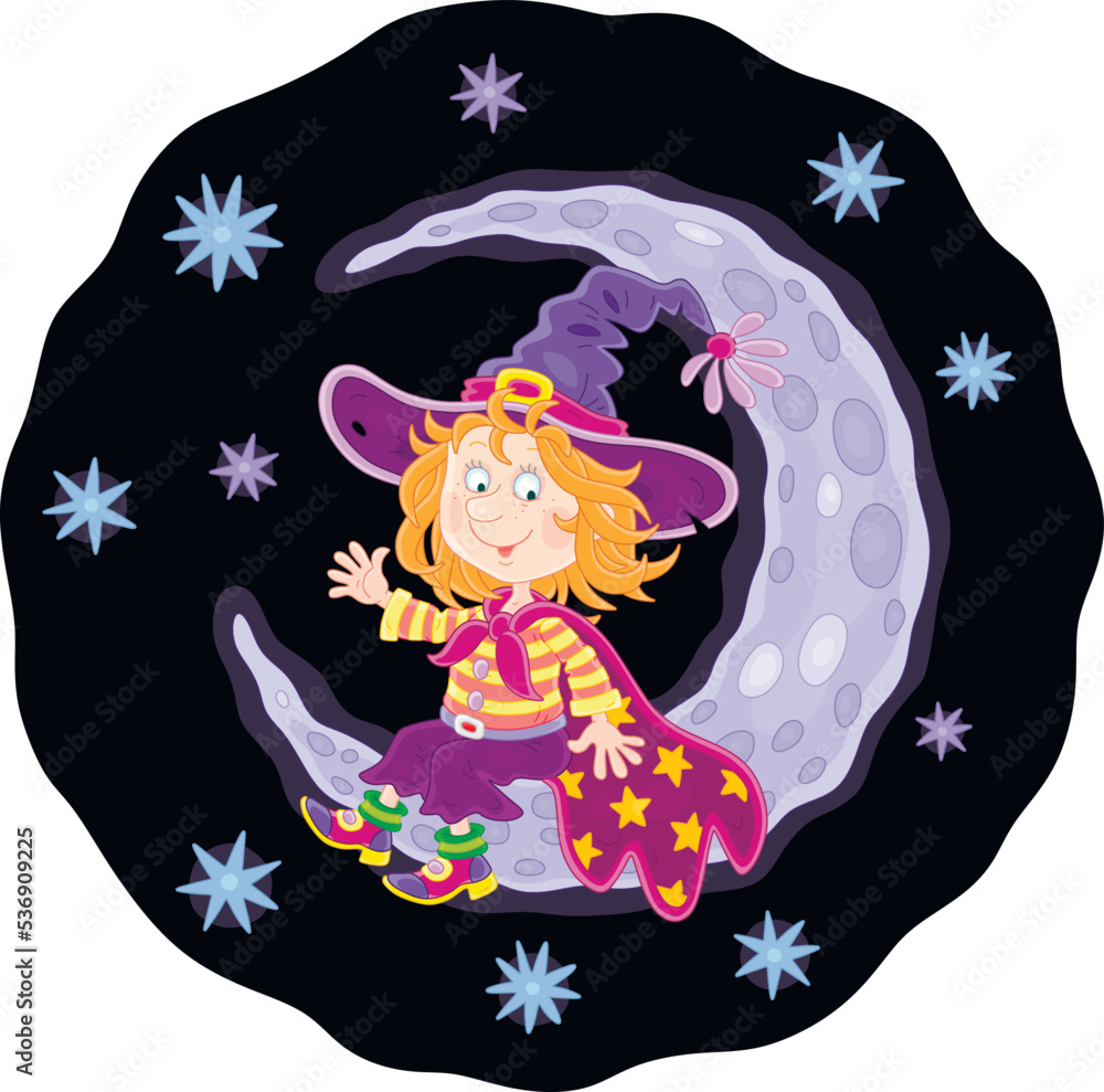 Happy little witch sitting on a shining crescent moon and waving in ...