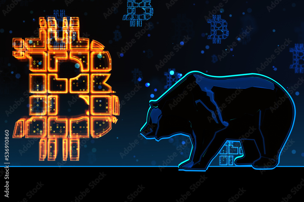 Stock market decrease and bearish market concept with digital yellow glowing bitcoin sign and ...