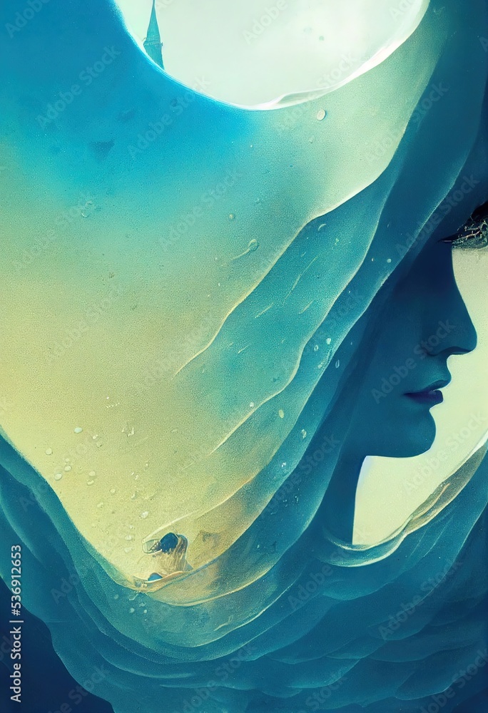 Beautiful ethereal woman with closed eyes, growing ancient unreal city ...