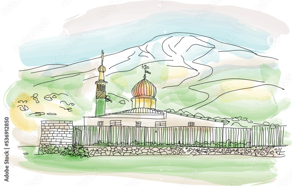 Picturesque mosque underneath volcano Damavand, highest peak in Iran ...