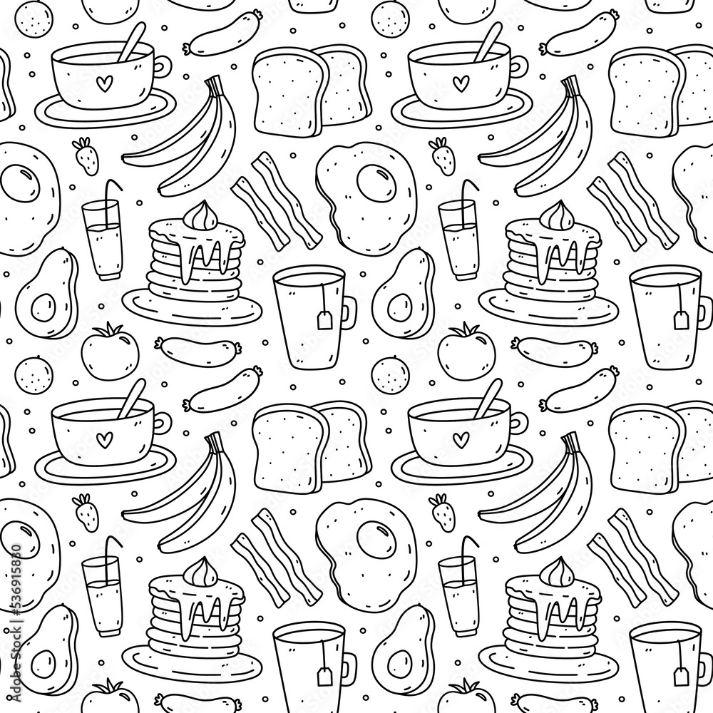 Cute seamless pattern with breakfast food - fried eggs, bacon, toast ...
