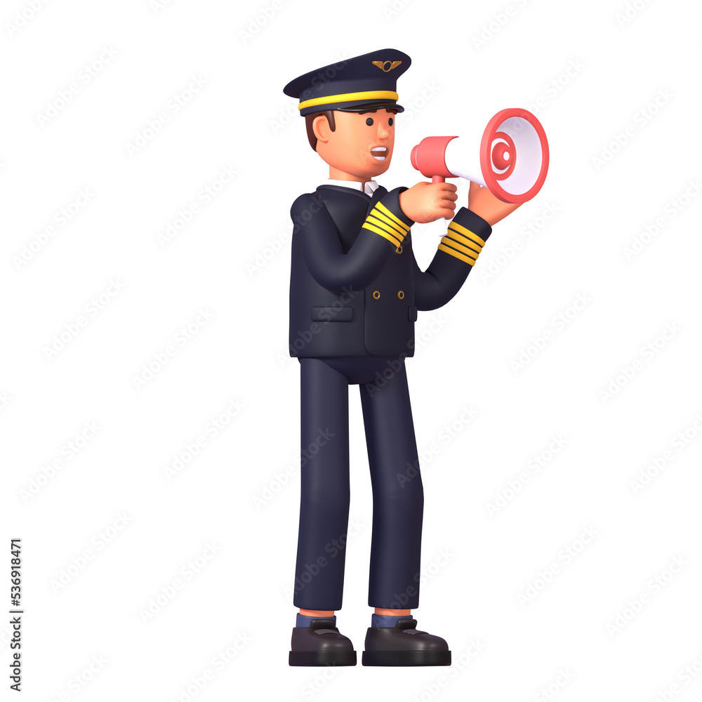 3d render of cheerful airline pilot holding megaphone and making ...