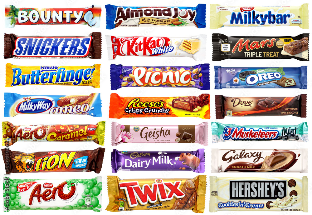 Chocolate candy bar collection, isolated cutout Stock Photo | Adobe Stock