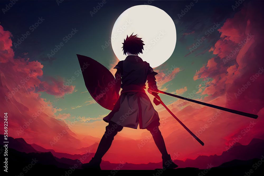Silhouette of an anime warrior in the moonlight Stock Illustration ...