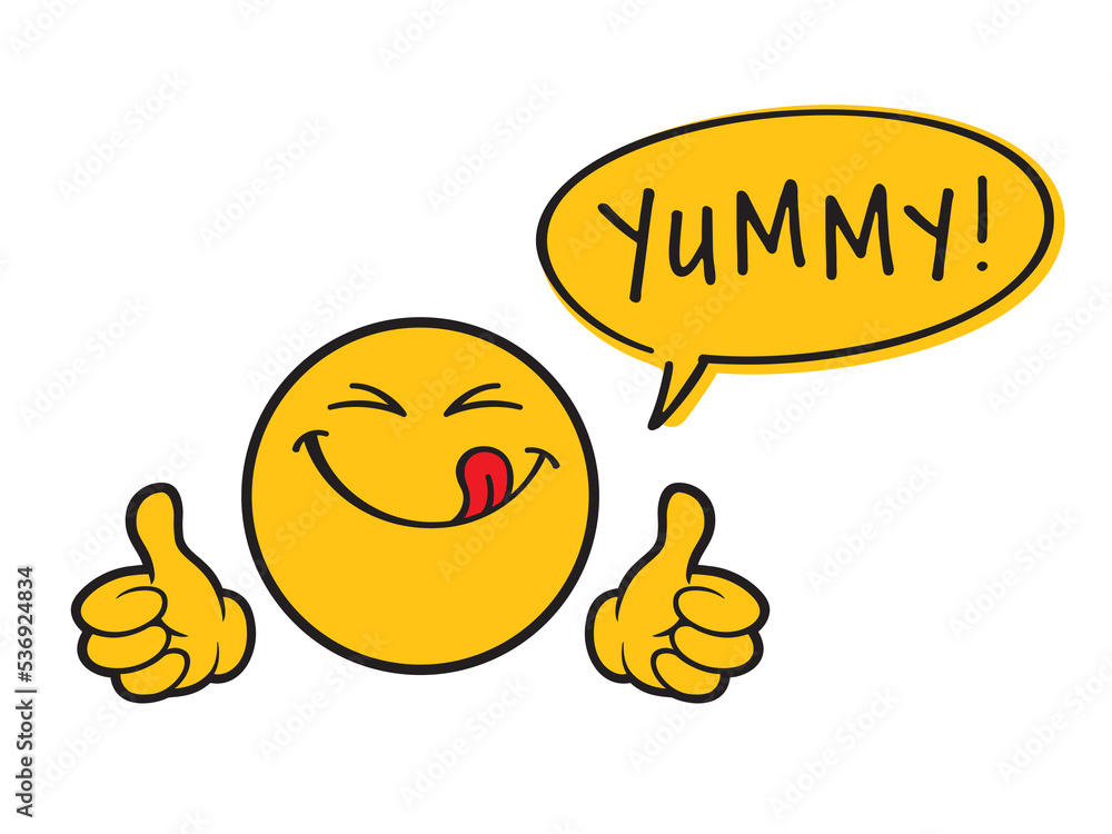 Yummy smile emoticon, happy smiling face while tasting delicious food, saying ‘yummy!’, with ...