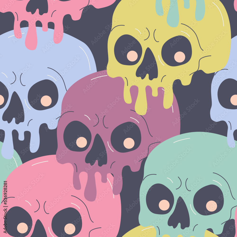 Psychedelic drippy paint skull seamless pattern. Acid abstract dead ...