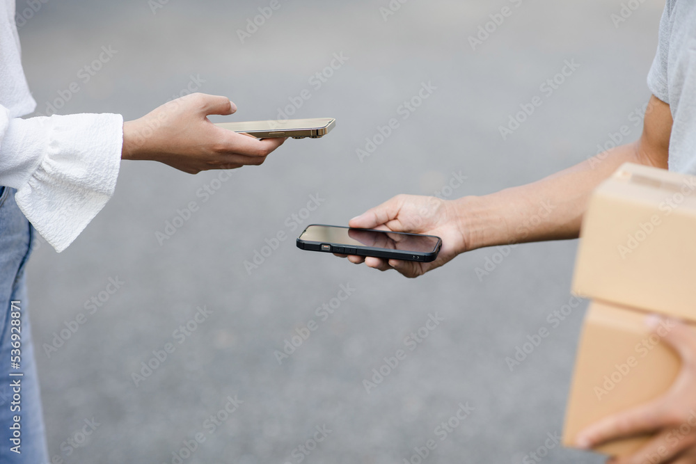 hand customer using digital mobile phone scan QR code paying for ...