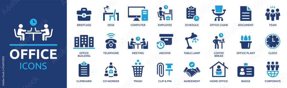Office icon set. Containing briefcase, desk, computer, meeting ...