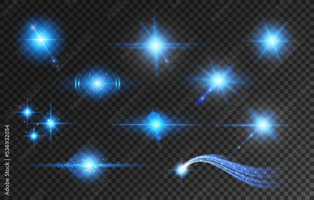 Blue lens flare, star light and glow. Spotlight white 3d flare or flash ...