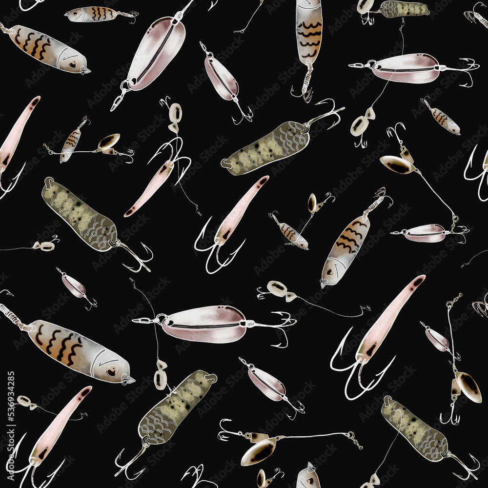 Seamless illustration of fishing tackle. Fishing pattern for printing ...