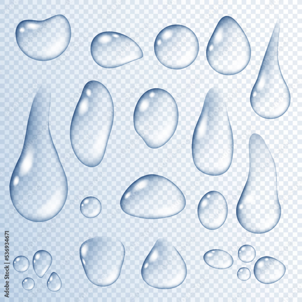 Realistic water drop and droplets. Blue liquid, rain, bubble, splash ...