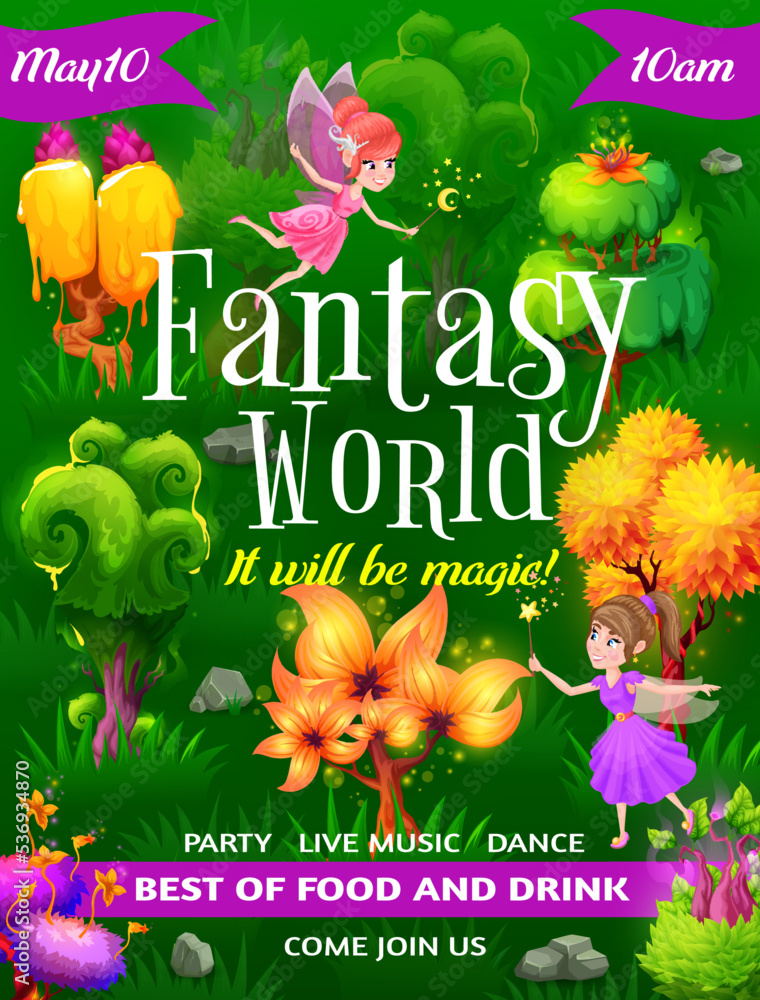 Fantasy world party flyer, fairy characters and fantastic trees ...