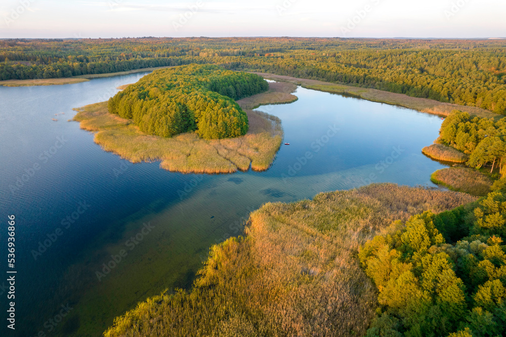 Widok z drona na jezioro Wierzchowo w Polsce. Zielony las otaczający ...