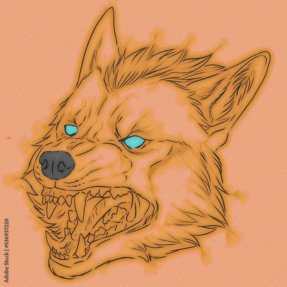Digital illustration of the head of an angry werewolf with open mouth ...