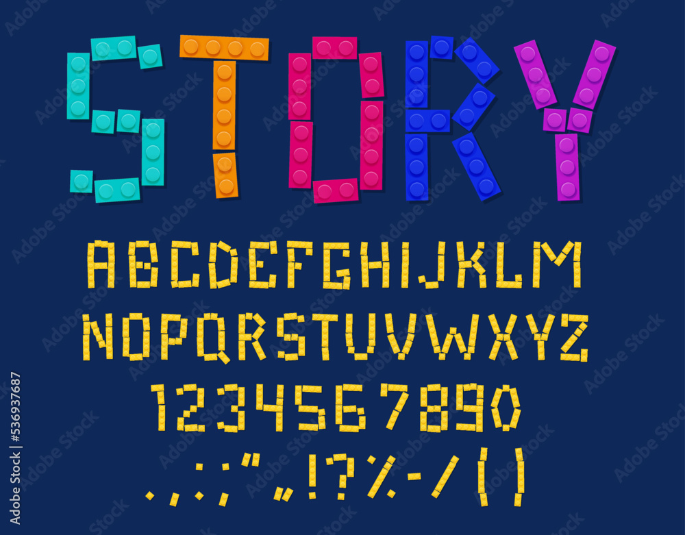Brick block font type, kids typeface of colorful construction blocks ...