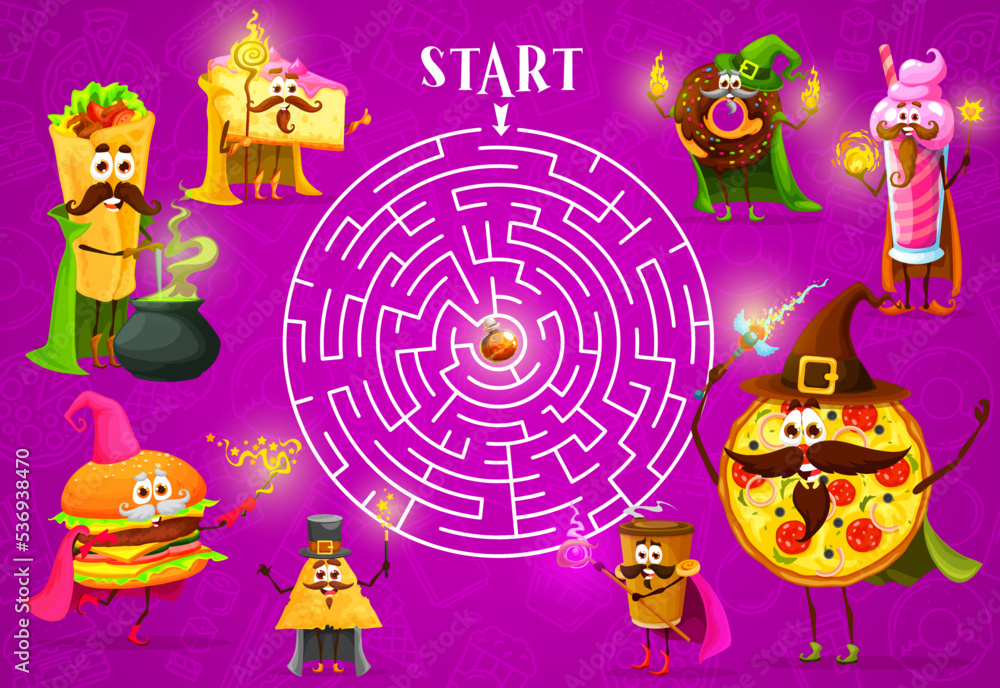 Labyrinth maze, cartoon fast food mage and wizard characters with ...