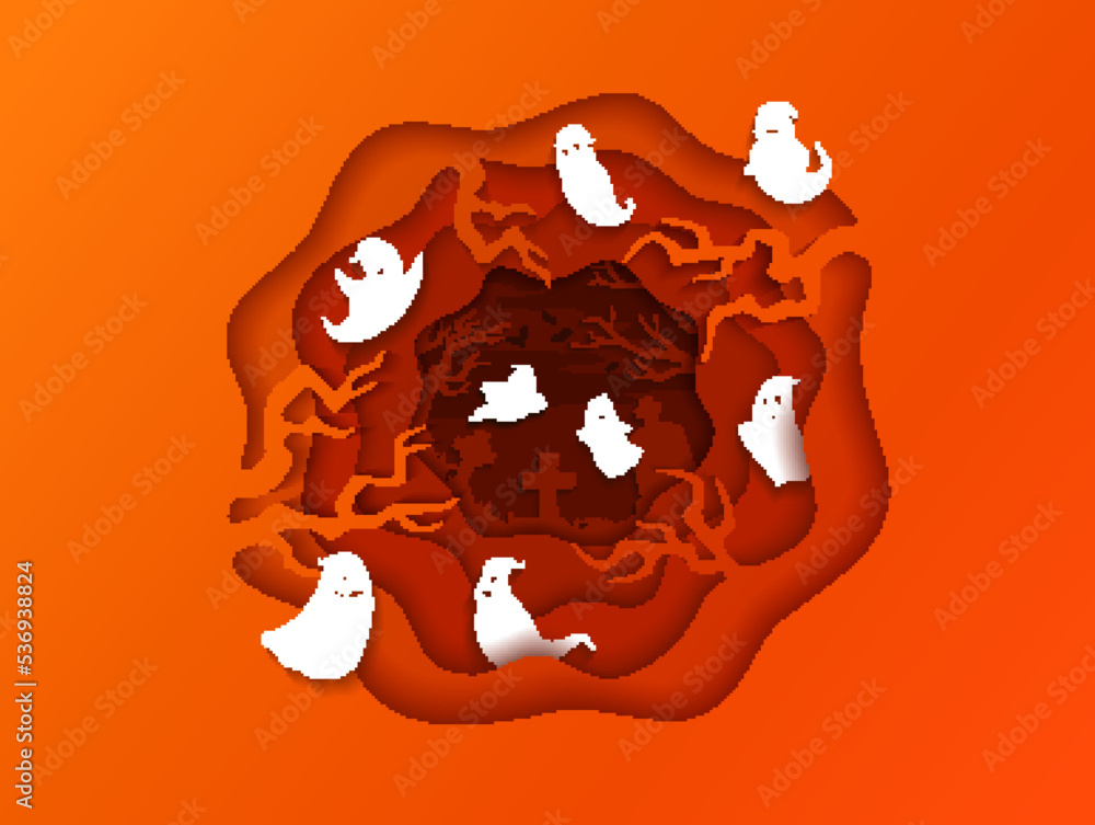 Halloween holiday paper cut with flying ghosts and cemetery. Halloween holiday papercut vector ...