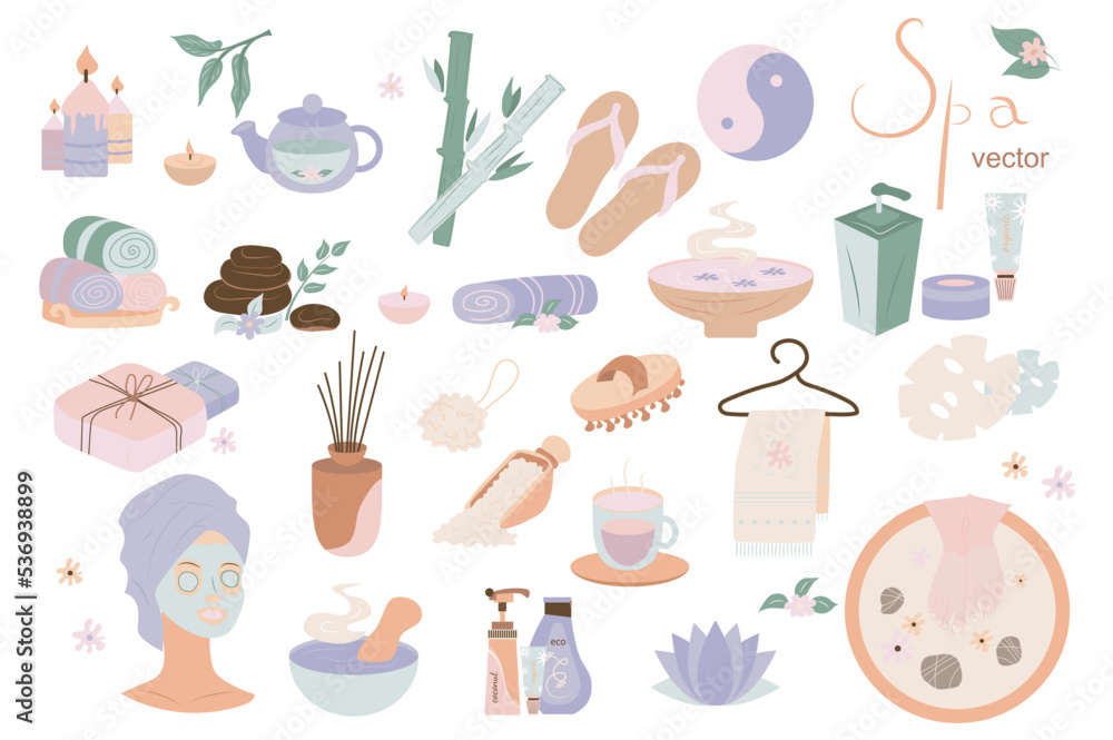 Spa salon set with cute cartoon elements in flat design. Bundle of ...