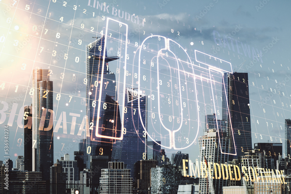 Double exposure of abstract virtual IOT hologram on New York city ...