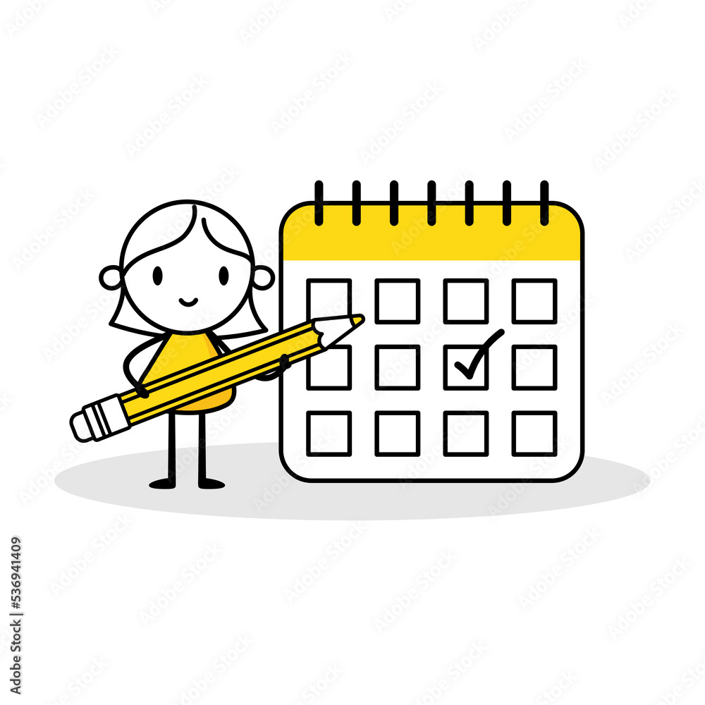 Woman check calendar. Female character with pencil. Concept mark on the ...