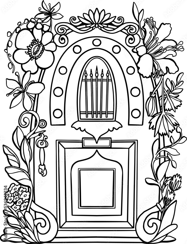 Old vintage front door with fantasy flowers and leaves. Coloring page ...