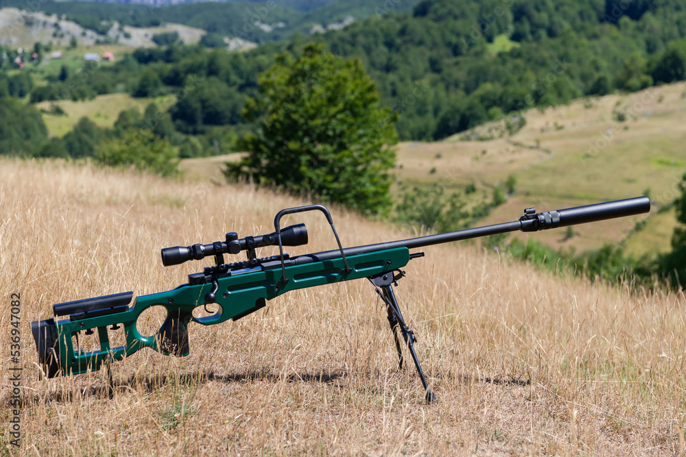 A green military sniper rifle with a scope for long distance tactical ...