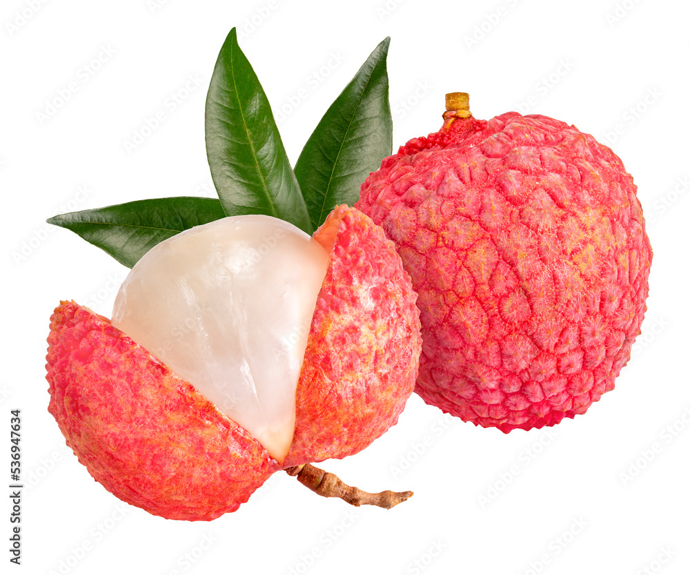 Sweet lychees fruits with leaves on White, Lychee with leaves isolated ...