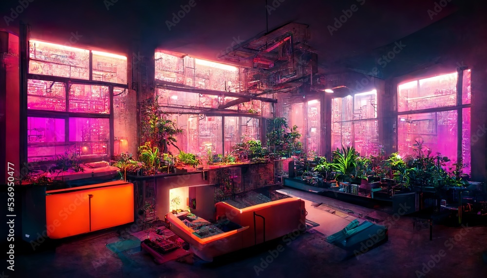 Cyberpunk futuristic neon industrial loft interior illustration Stock ...