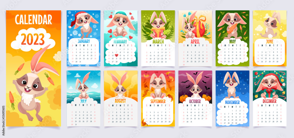 Colorful Rabbit wall calendar 2023. Cute set with Monthly Calendars ...