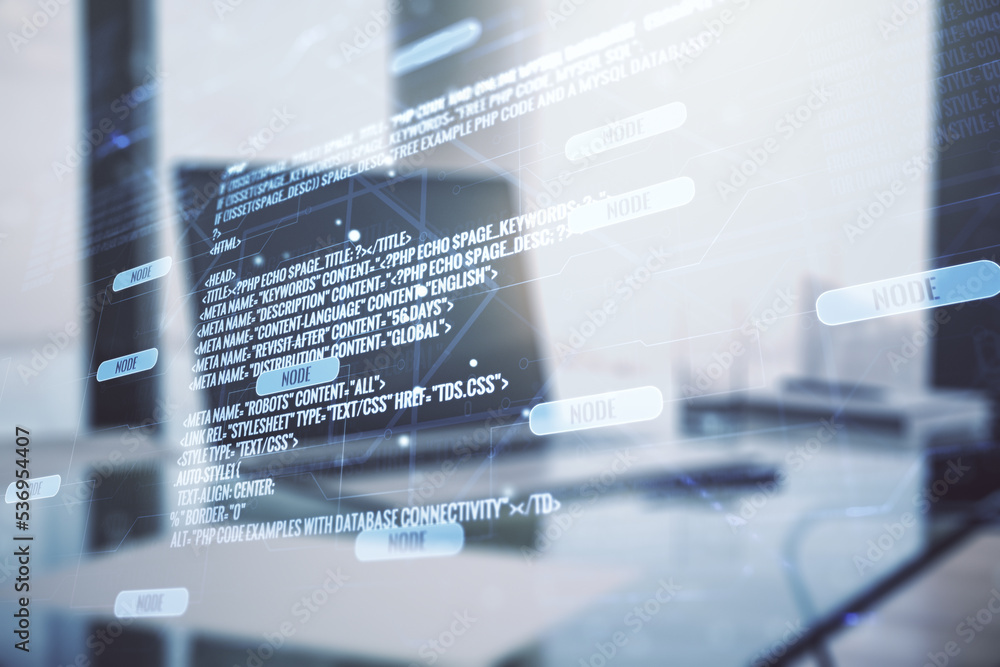 Abstract creative coding illustration on modern computer background, software development ...