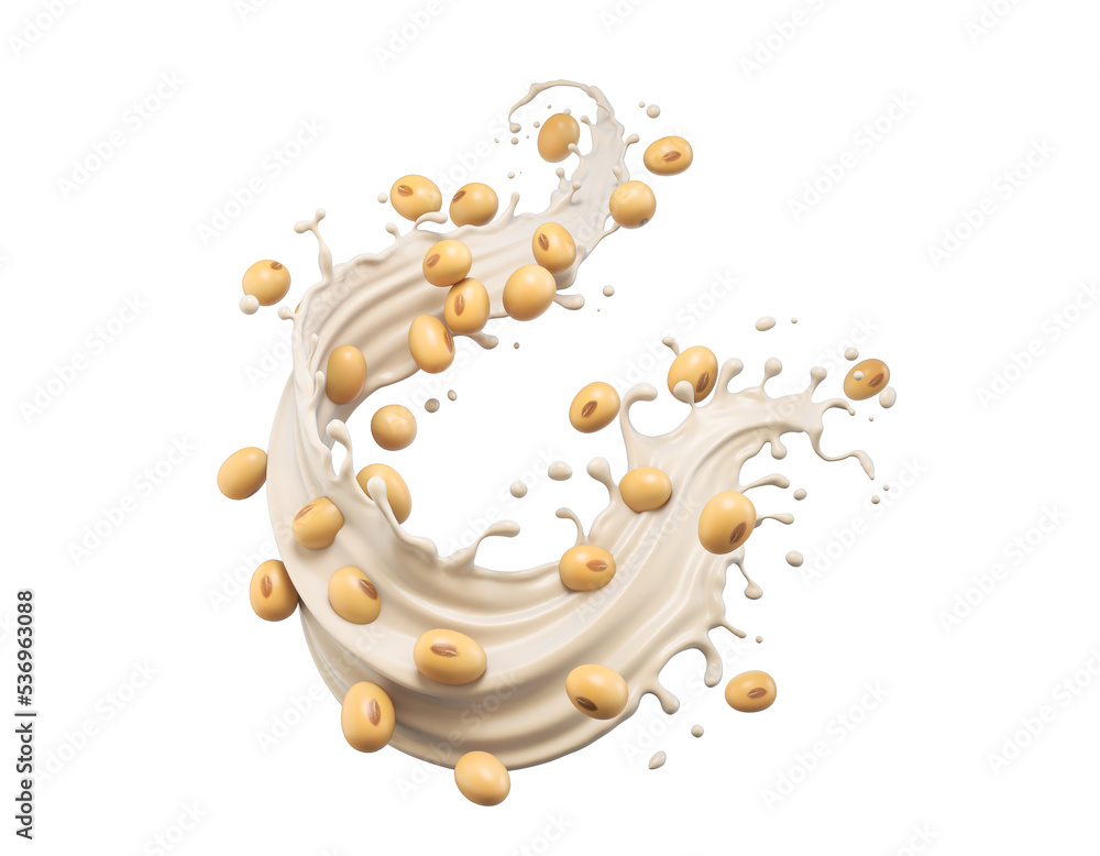 Soy milk pouring and Splash with Soy beans, 3d rendering. Stock Illustration | Adobe Stock