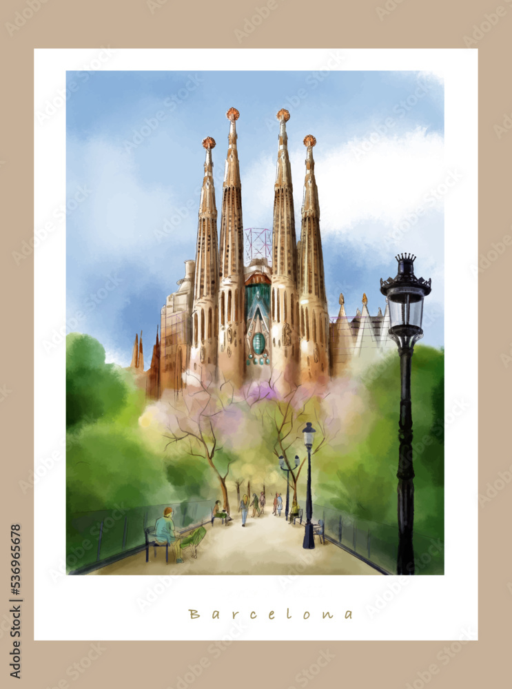 Barcelona Architecture Cathedrals watercolor vector drawing. For ...