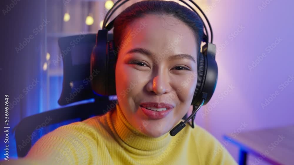 Young beautiful asian woman streamer smiling confident having video ...