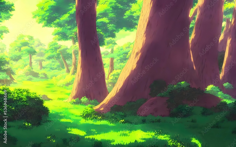 Anime forest landscape nature background. Beautiful road trees with ...