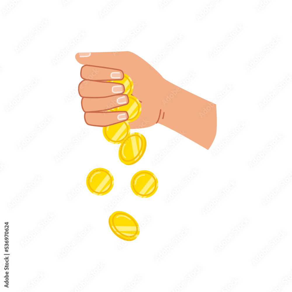 Hand throwing money, isolated arm with gold coins falling down ...